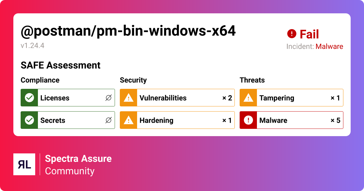 Issues - @postman/pm-bin-windows-x64@1.24.4 - npm | ReversingLabs Spectra Assure Community