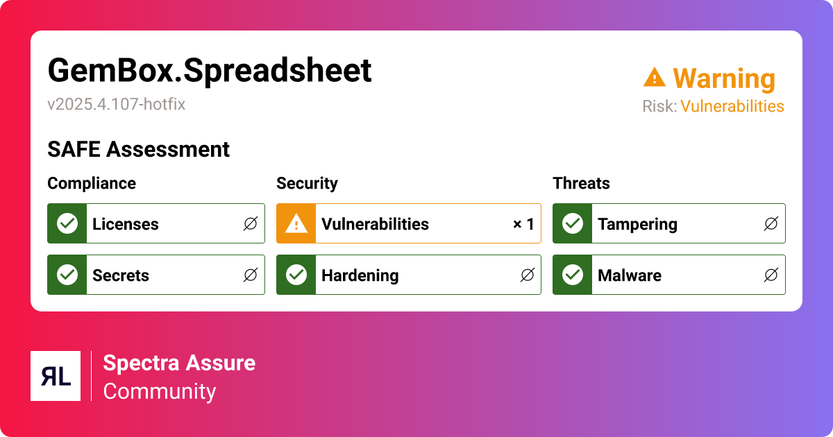 Issues Gemboxspreadsheet20254107 Hotfix Nuget Reversinglabs Spectra Assure Community