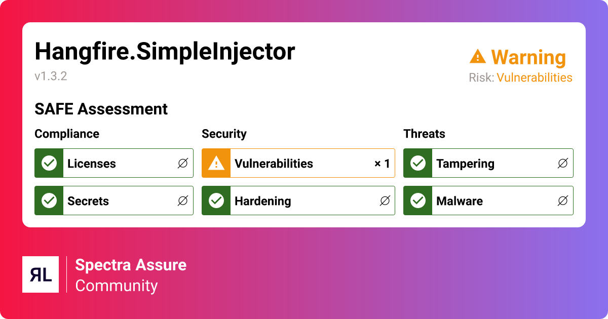 Hangfire.SimpleInjector - NuGet | ReversingLabs Spectra Assure Community