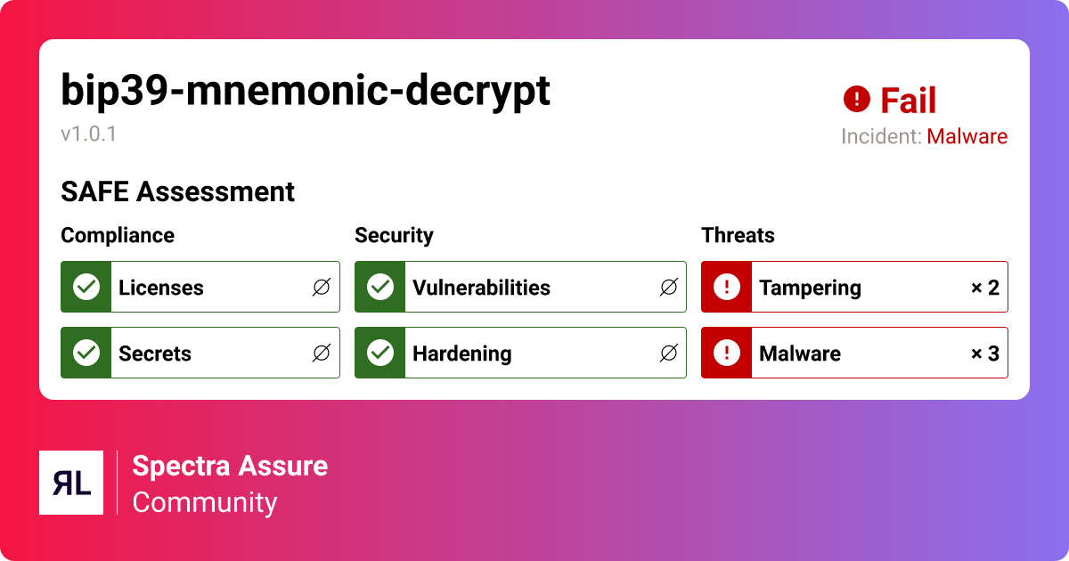 bip39-mnemonic-decrypt - PyPI | ReversingLabs Spectra Assure Community